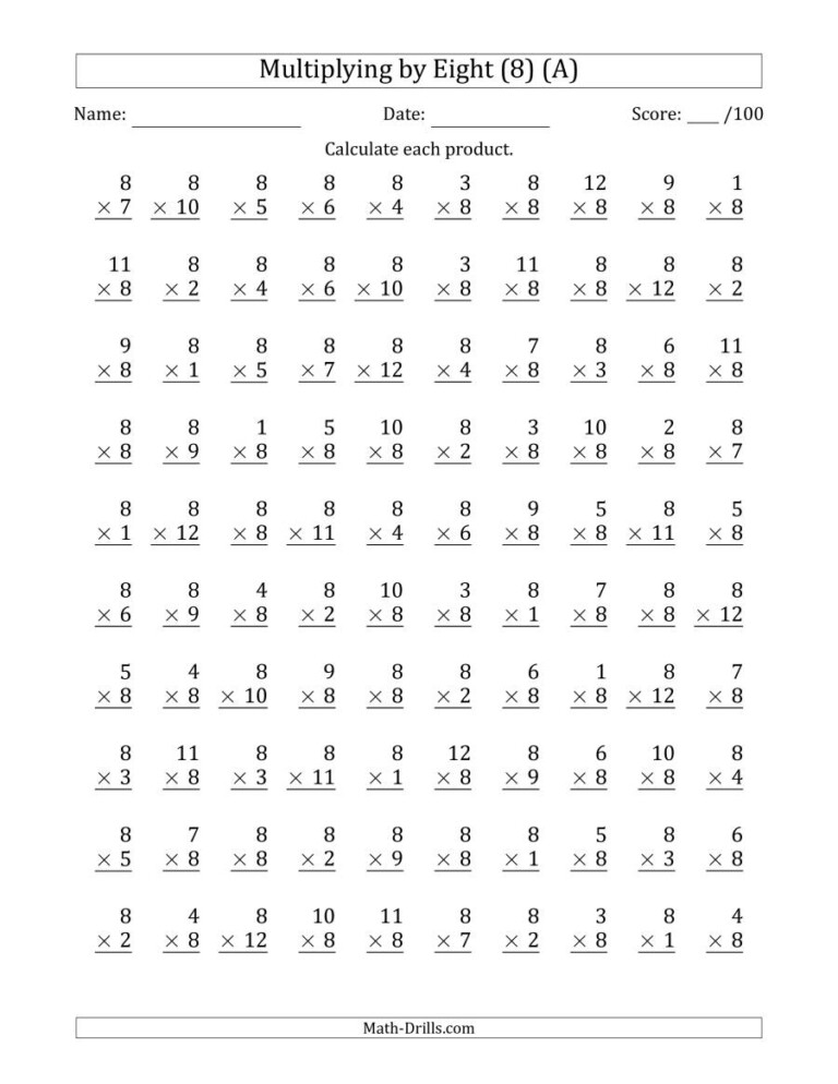 8 s Multiplication Worksheet