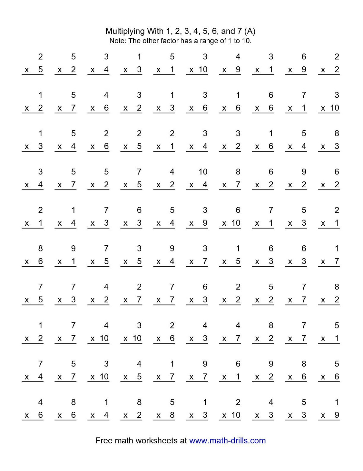 The 100 Vertical Questions -- Multiplication Facts -- 1-7 throughout ... The 100 Vertical Questions -- Multiplication Facts -- 1-7 throughout ...